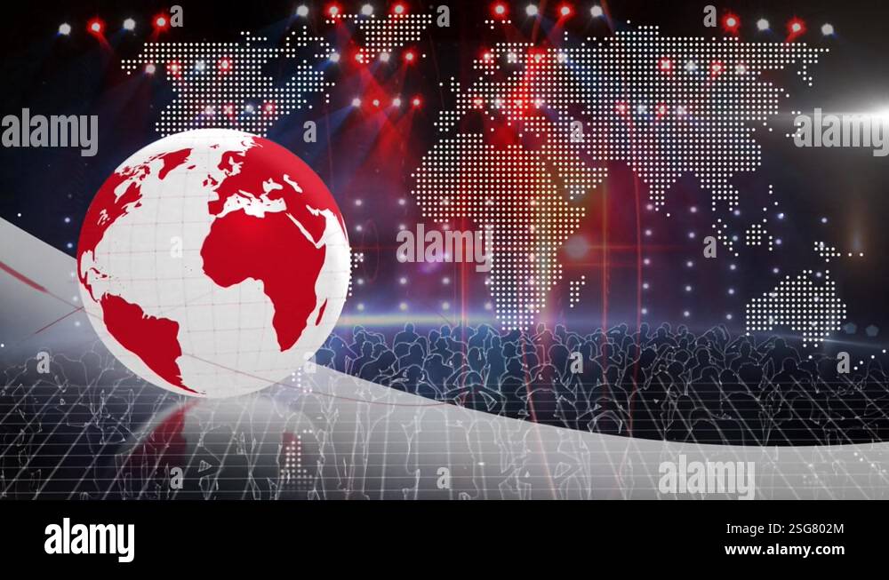Animation of spinning globe and world map over light trails and spots ...