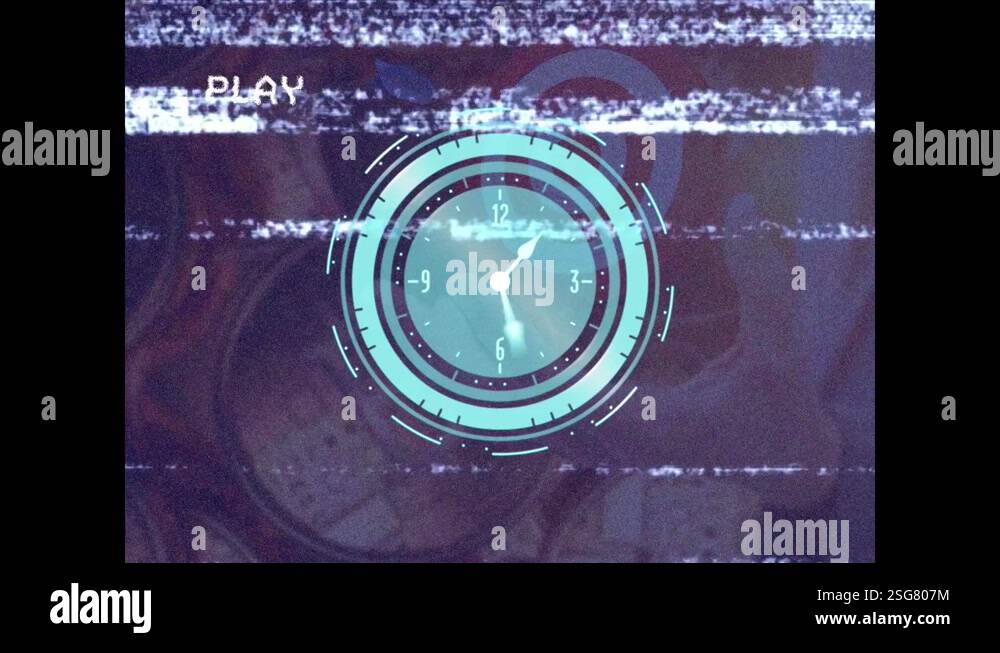 Animation of vhs glitch effect over neon ticking clock against black ...
