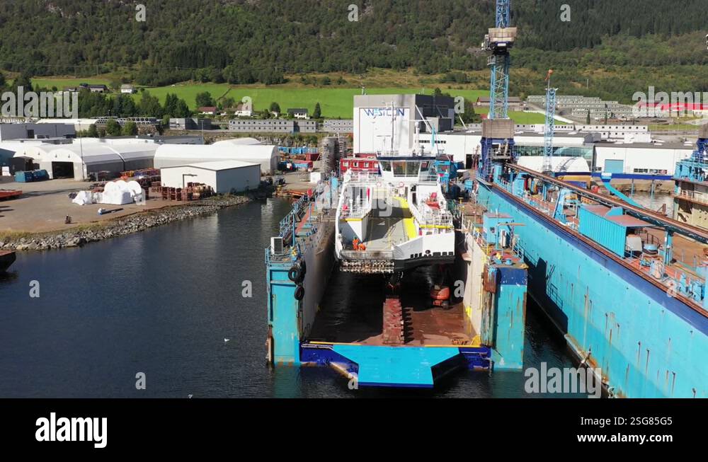 Ferryboat ship is inside floating drydock for maintenance at Westcon ...