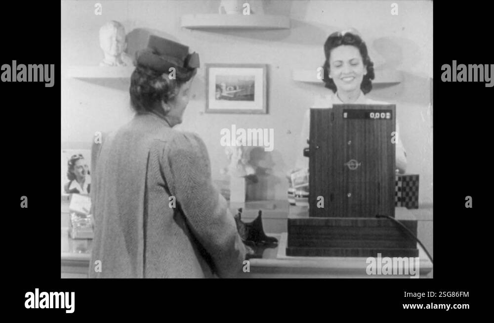 1940s: Man hands other man five dollar bill. Woman hands bill to store ...