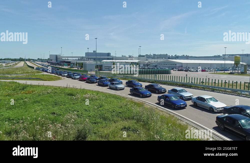 Dingolfing, Germany 16.07.2022- Aerial drone shot over road full of ...