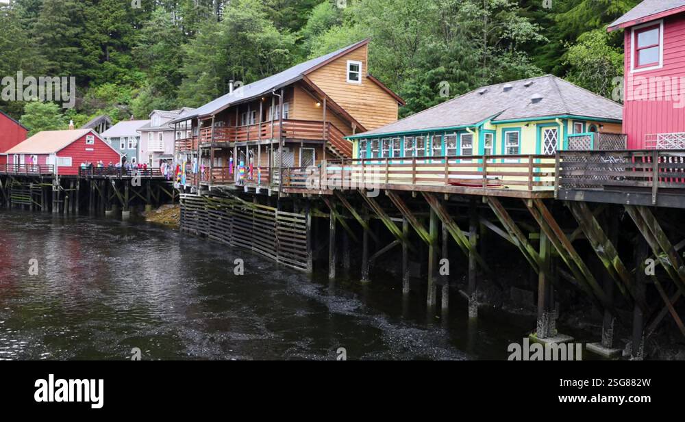 Ketchikan Alaska tidal river house and business pier boardwalk 4K Stock ...