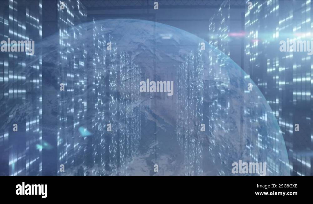 Animation of falling bar graphs and lens flare over rotating globe ...