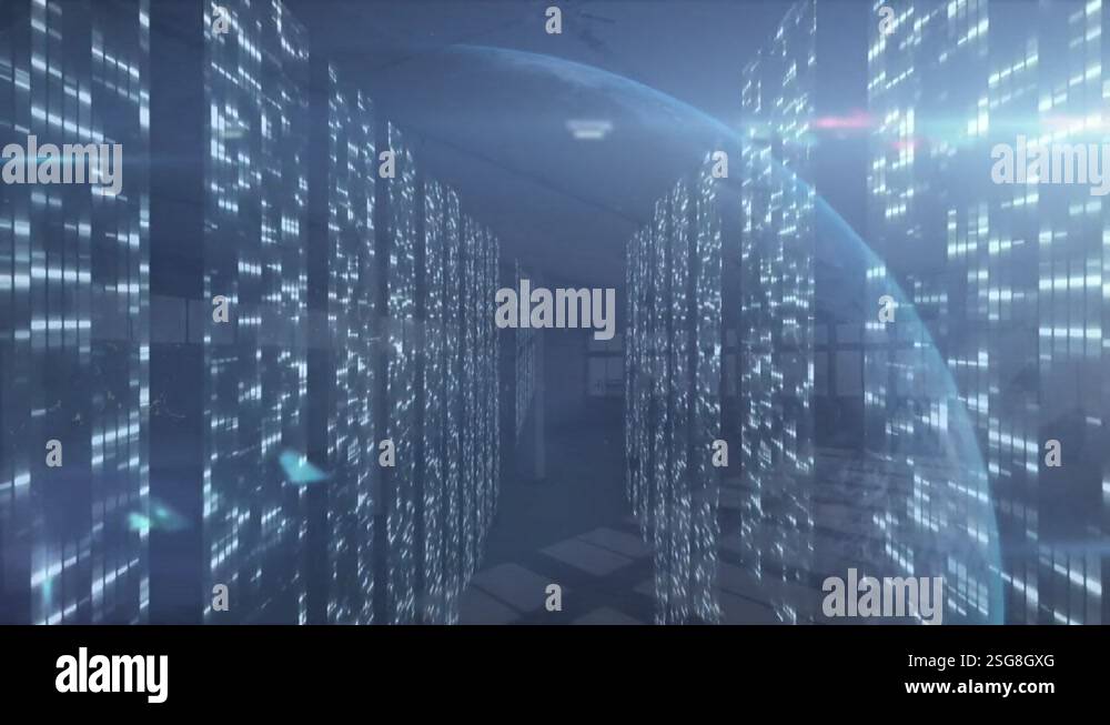 Animation of illuminated bar graphs and lens flare over rotating globe ...