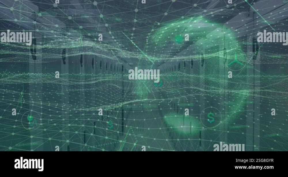 Animation of connected dots forming waves with floating icons, moving ...