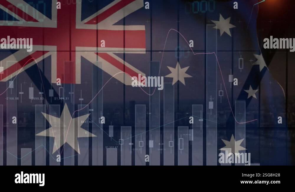 Animation of waving australian flag with multiple graphs over cityscape ...