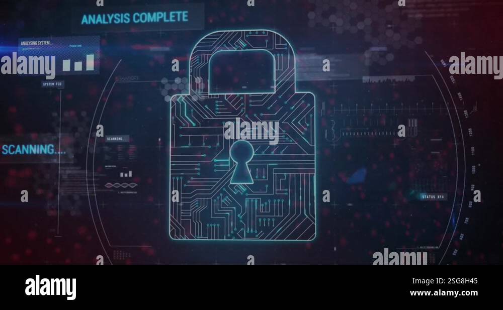 Animation of padlock with circuit board pattern and bar graph with red ...