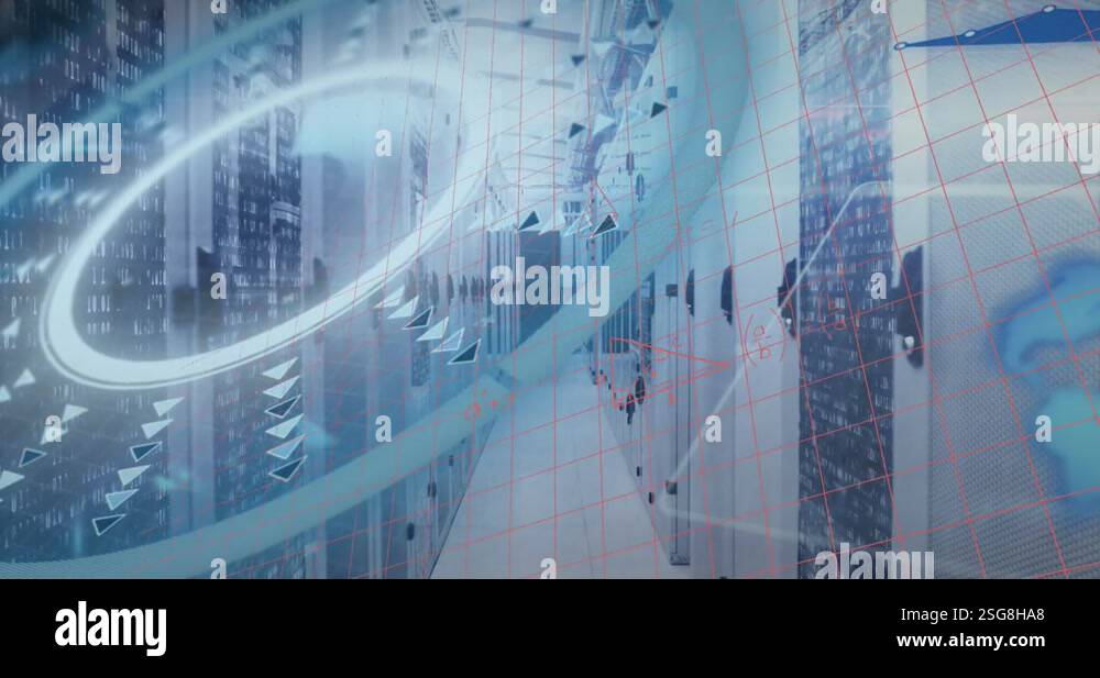 Animation of mathematical equations over round scanner against computer ...