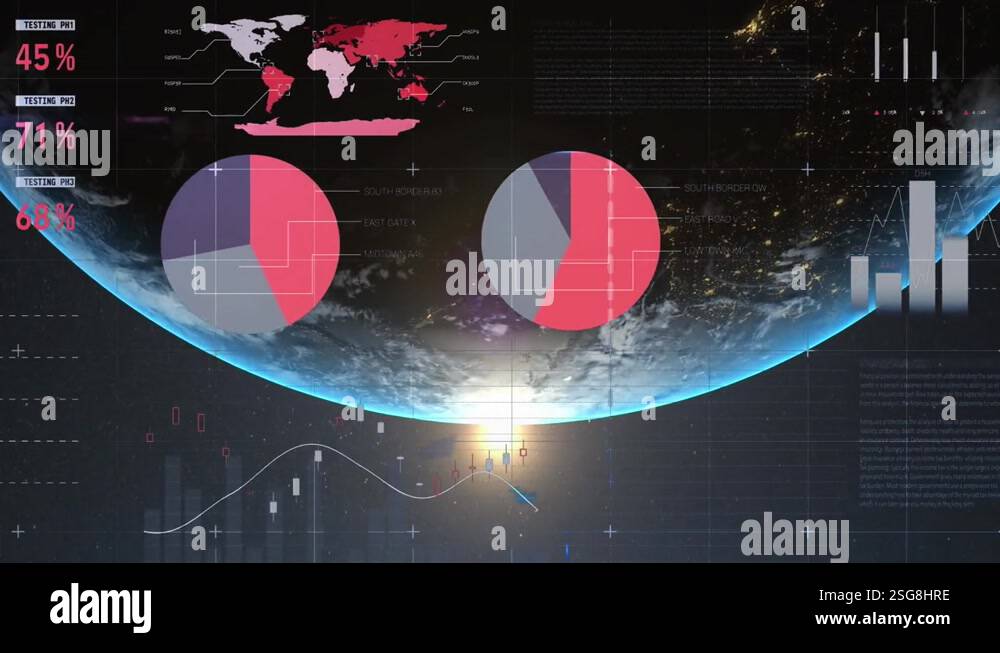 Animation of multicolored pie chart, data, timer and map over lens ...