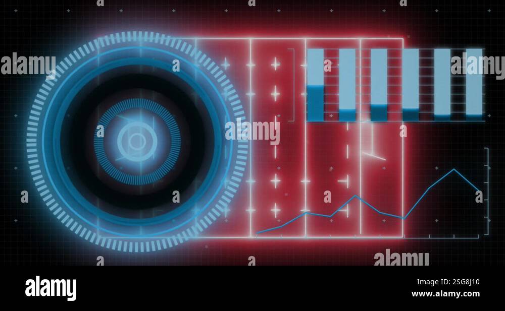 Digital animation of neon round scanner against data processing on blue Stock Video Footage - Alamy