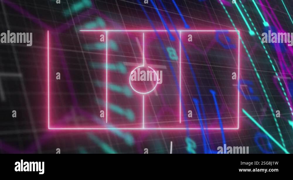 Animation of numbers changing and data processing over grid on purple ...