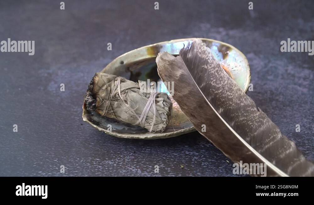 Smoking sage on sea shell feather and feather for a spiritual ceremony ...