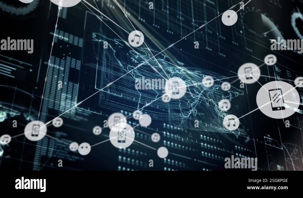 Animation of network of connections with icons over data processing ...