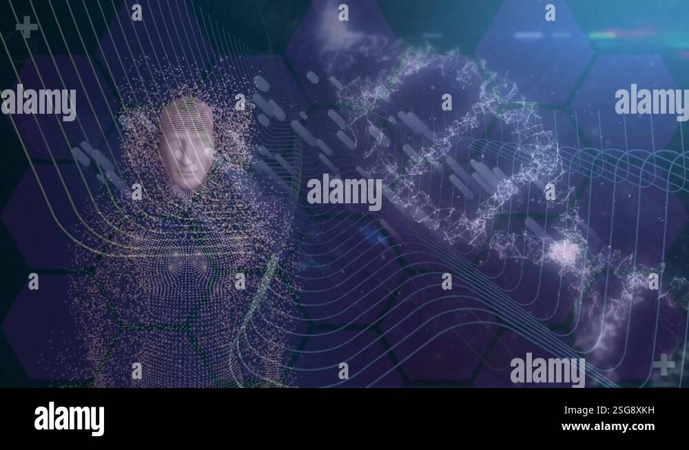 Animation digital human body with dna helix, wave pattern and hexagons ...