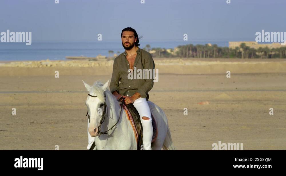 A handsome tan bearded man rides his white horse by the Red Sea Stock ...