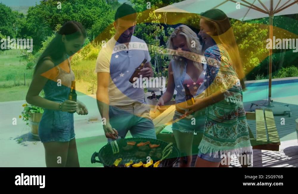 Animation of flag of brazil over diverse group of friends having party ...