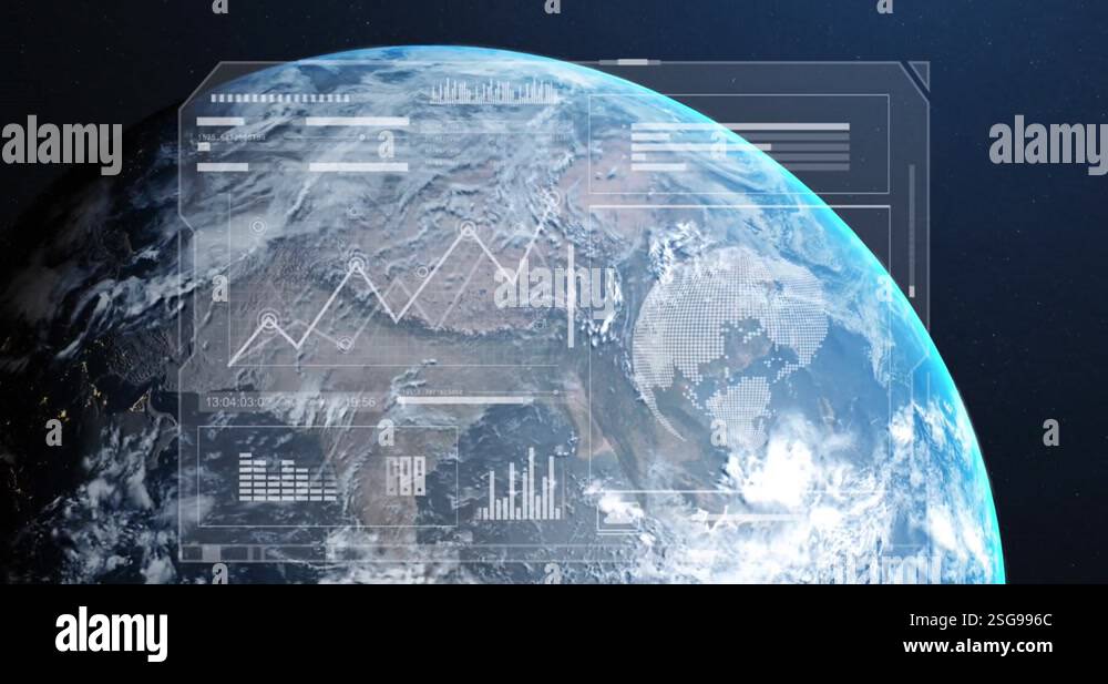 Animation of data processing on screen over earth globe on blue ...