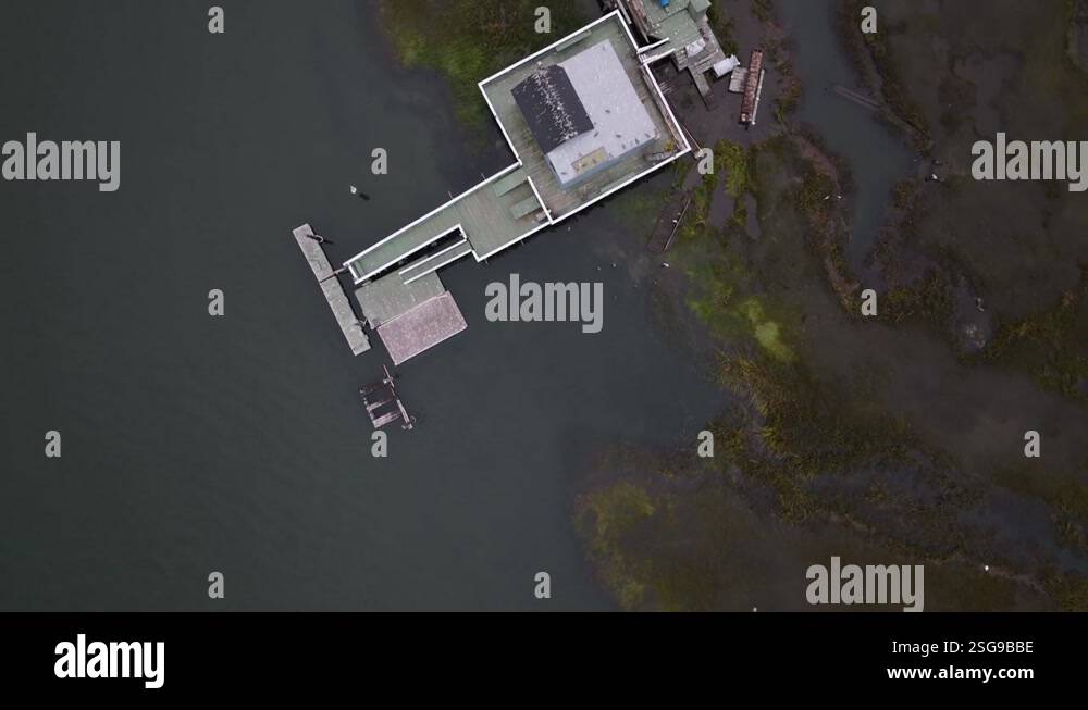 An aerial drone view over the salt marshes in Hempstead, NY on a cloudy ...