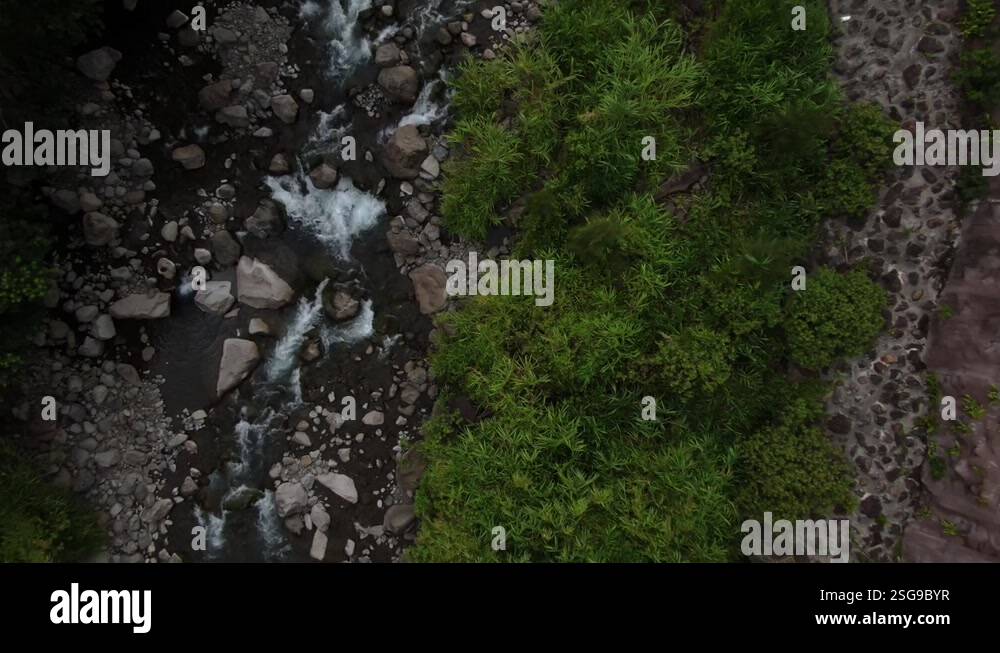 Iao Valley river stream. Aerial overhead ascending to the visitor ...
