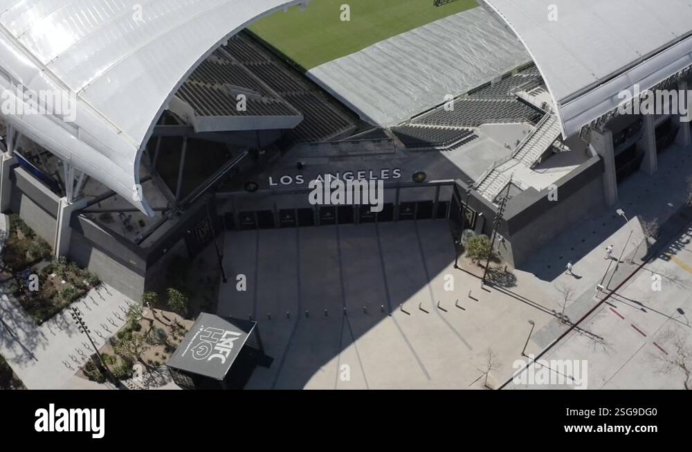 Los Angeles Football Club stadium entrance and sign. Drone shot view ...