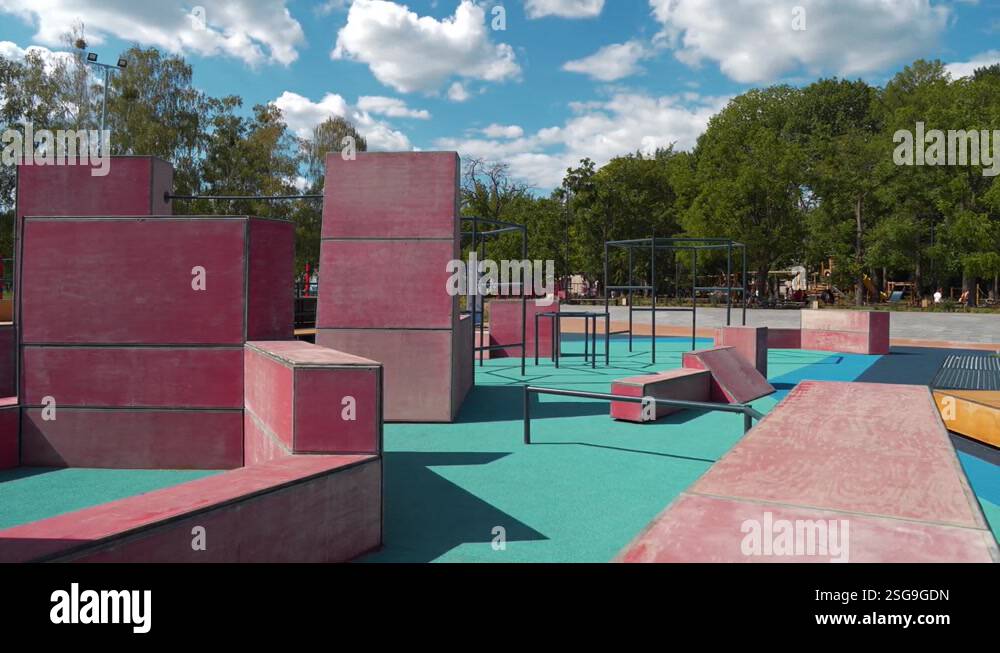 Sports ground with equipment in open air sport zone for parkour and ...