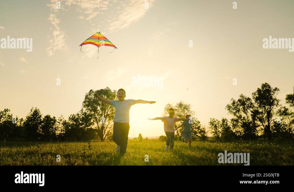 Concept of childhood dream to fly. Children play in park with kite. Boy ...