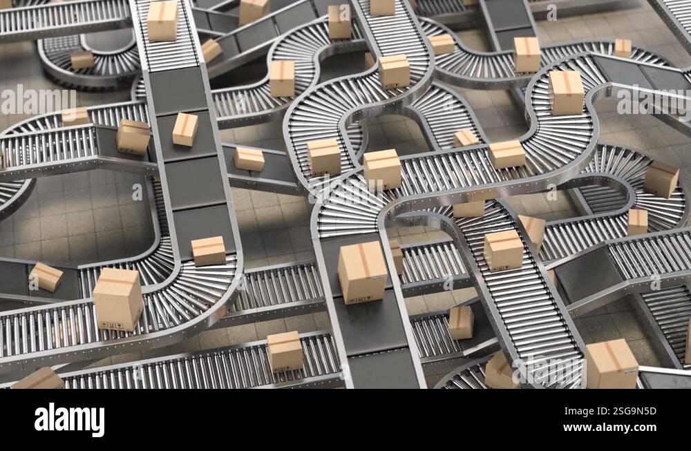 Cardboard boxes on conveyor belts in warehouse. Storage and delivery ...