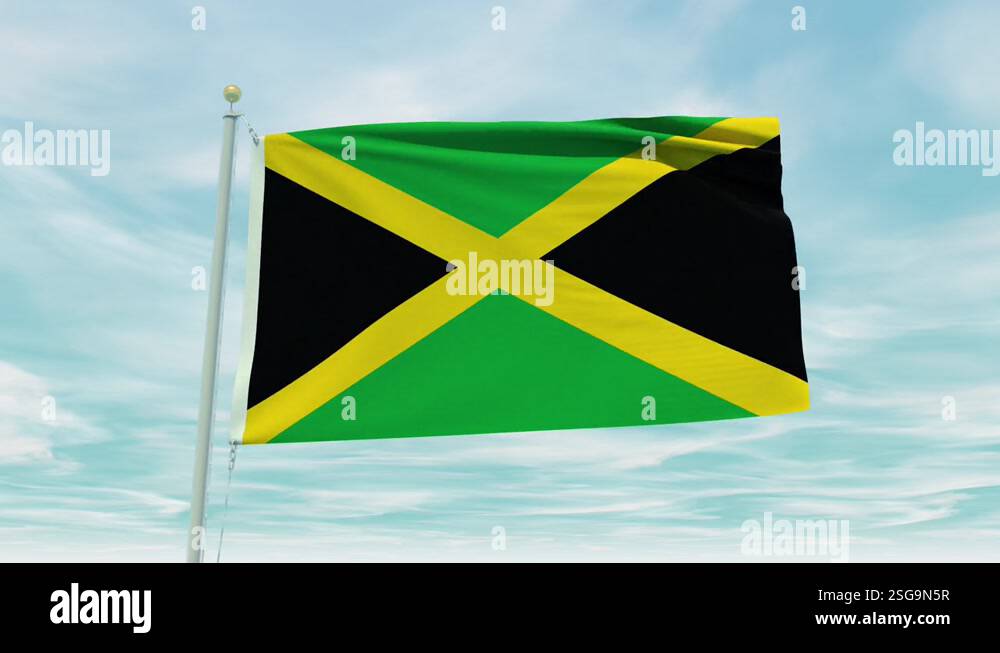Seamless loop animation of the Jamaica flag on a blue sky background ...