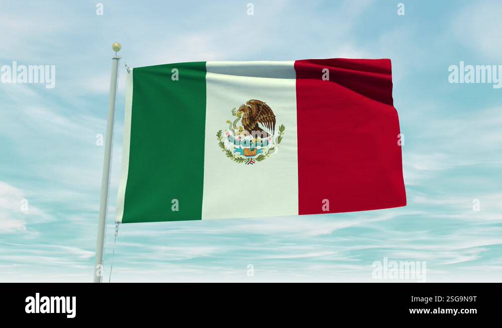 Seamless loop animation of the Mexico flag on a blue sky background ...