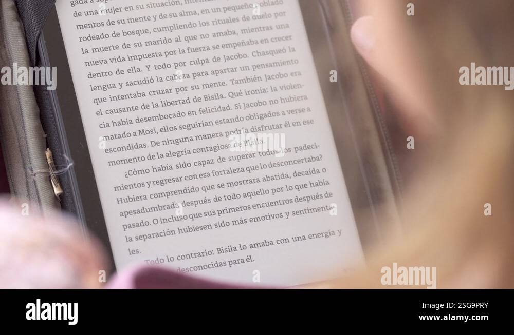 Over the shoulder view of a woman reading an e-book on her tablet Stock ...
