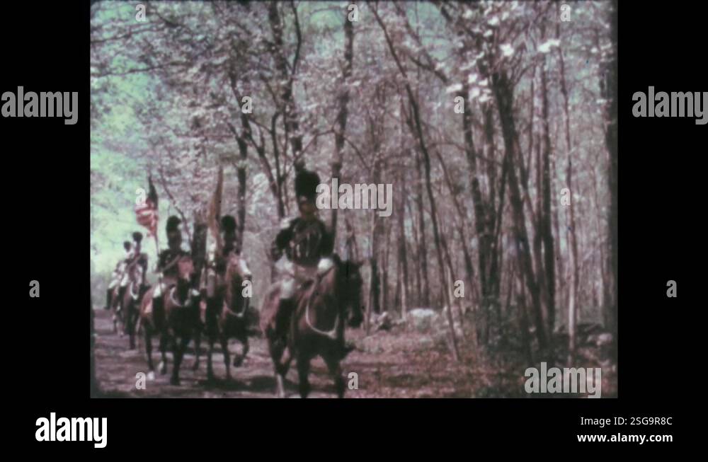 1600s: Cavalry riding along a forest trail. A large house among the ...
