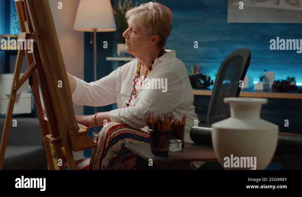 Old artist using artistic skills and tools to create authentic drawing ...