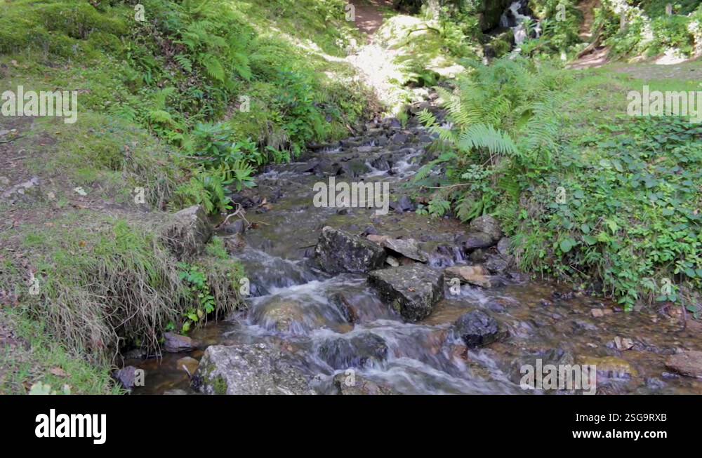 Water cascading over rocks as it flows down a waterfall in Burrator on ...