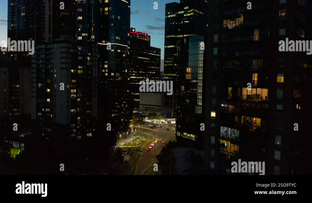 Static aerial perspective of Melbourne city intersection during dusk ...