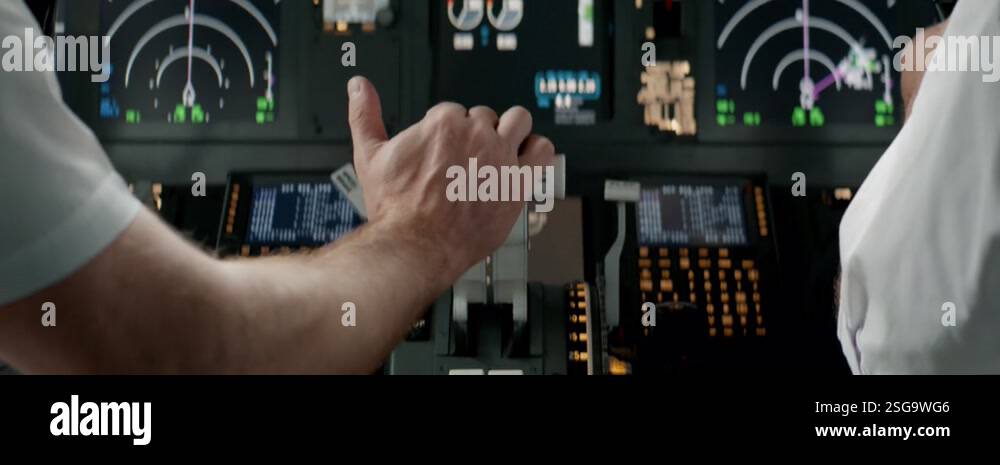 Aircraft pilots controlling airplane throttle lever during flight or ...