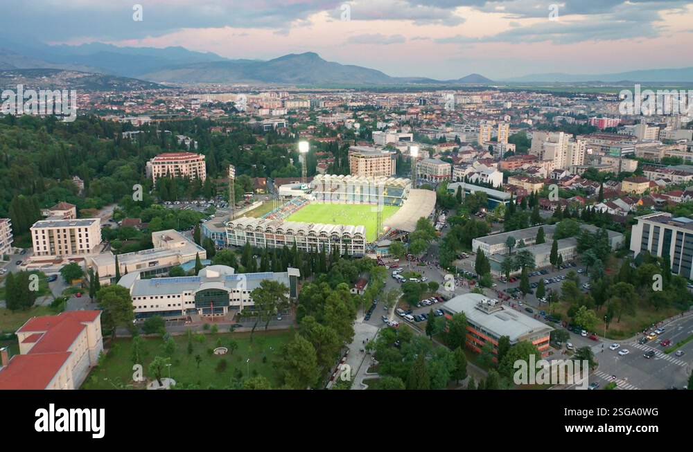 Podgorica Montenegro cityscape featuring the stadium with football ...