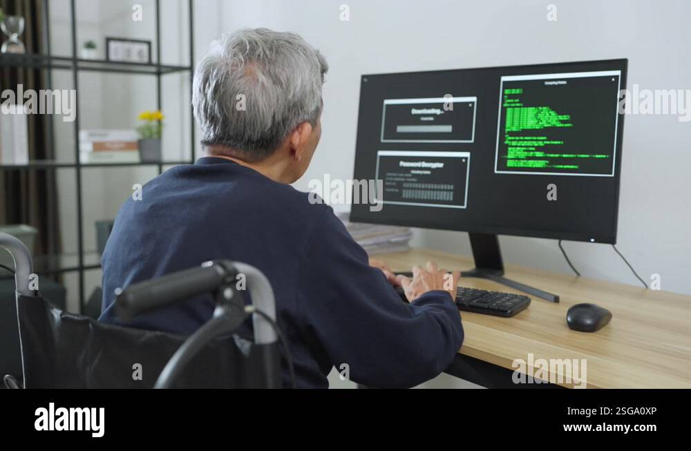 Senior asian man coding and programming on screen desktop Stock Video ...