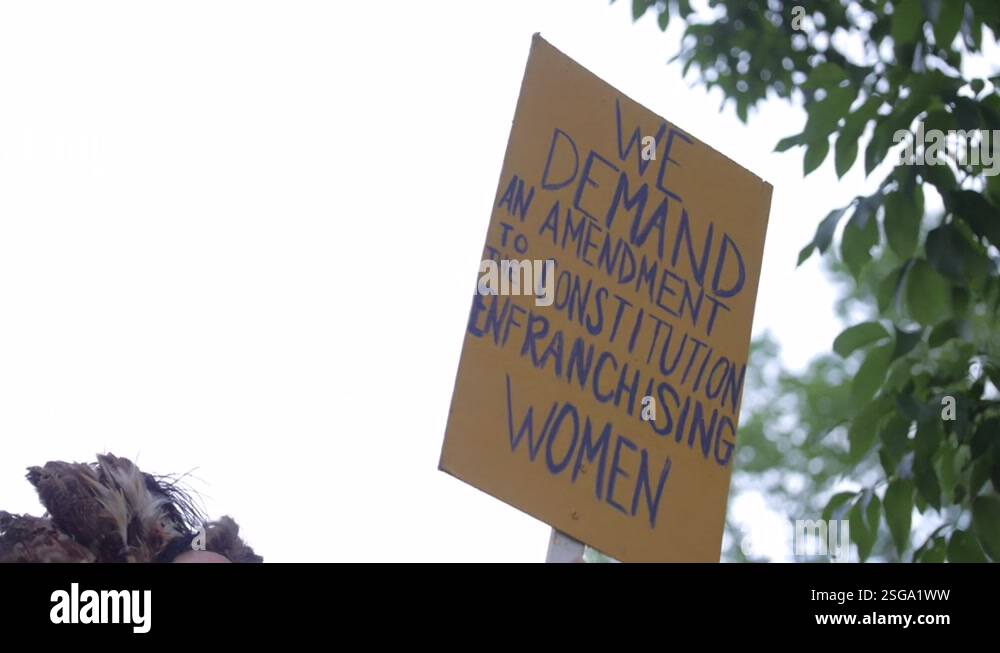 Suffragette women hold hand-painted protest signs for women's votes ...