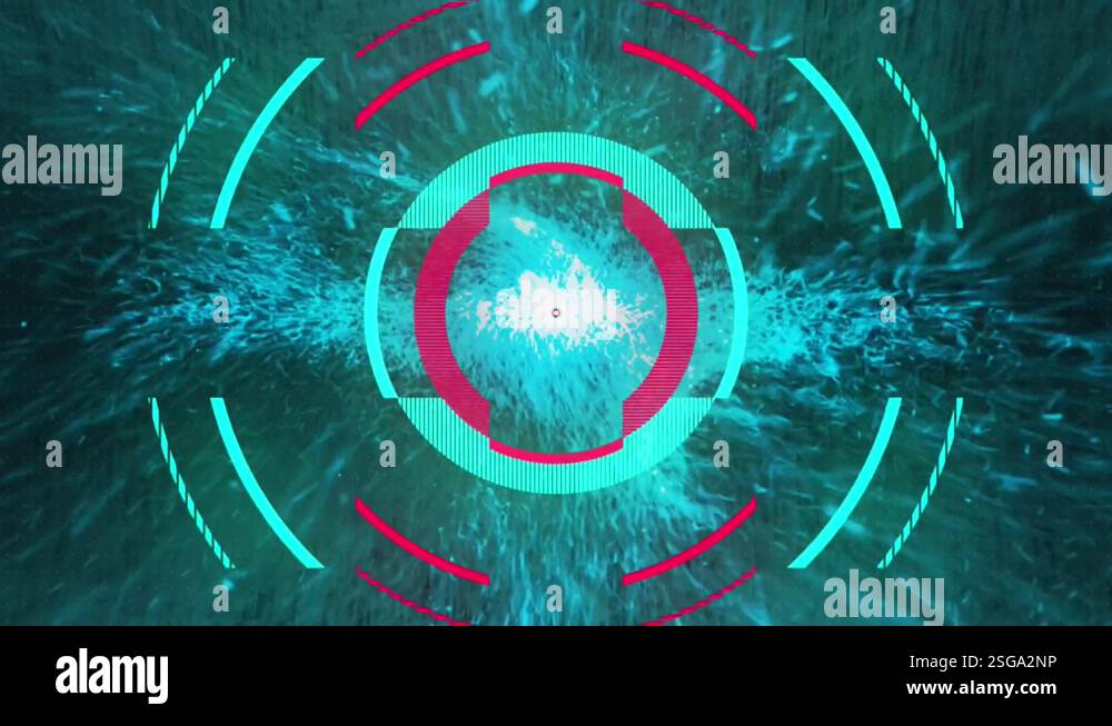 Animation of red and blue scope scanning over specks on dark background ...