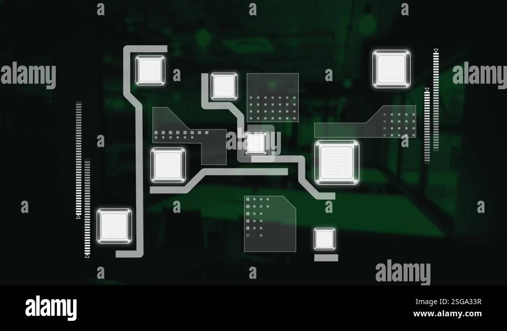 Animation of data moving through computer network on black background ...