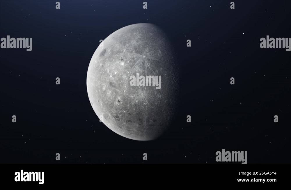 Cinematic move of Moon in Space with bright and dark areas on stars ...