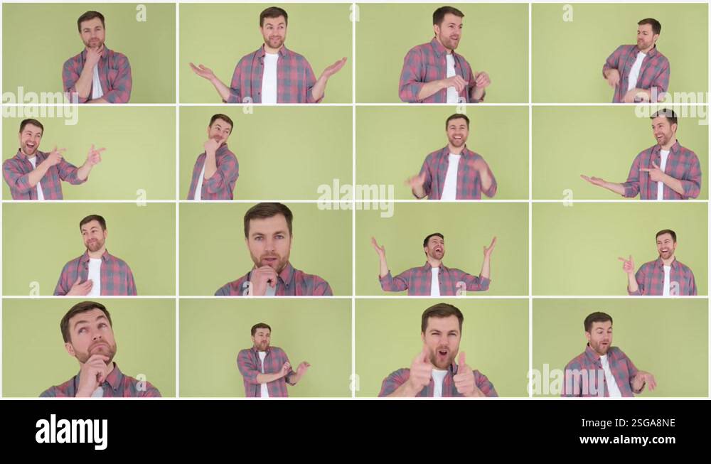 Collage of a person showing different gestures, smiling while posing ...