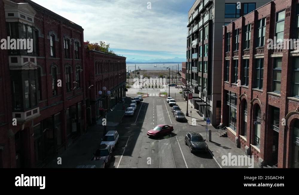 Drone shot of a busy city street in Seattle with birds flying through ...