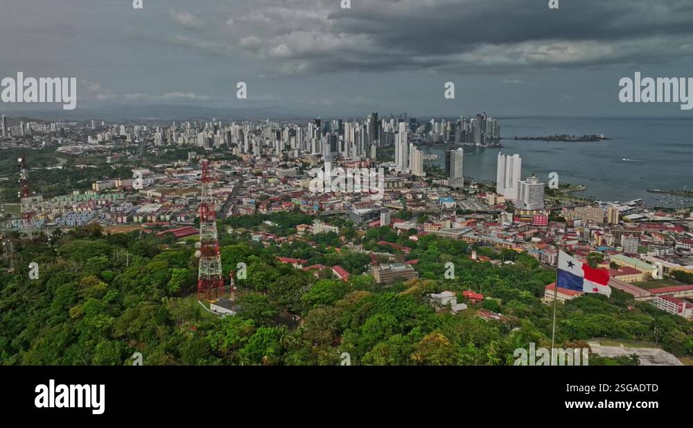 Panama City Aerial v25 flyover densely forested ancon hill peak towards ...