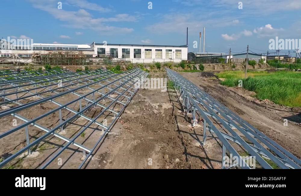Installed metal supports on the field prepared for solar panels Stock ...