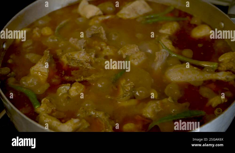 Close Up View Of Bubbling Simmering Chicken Curry With Fresh Green ...