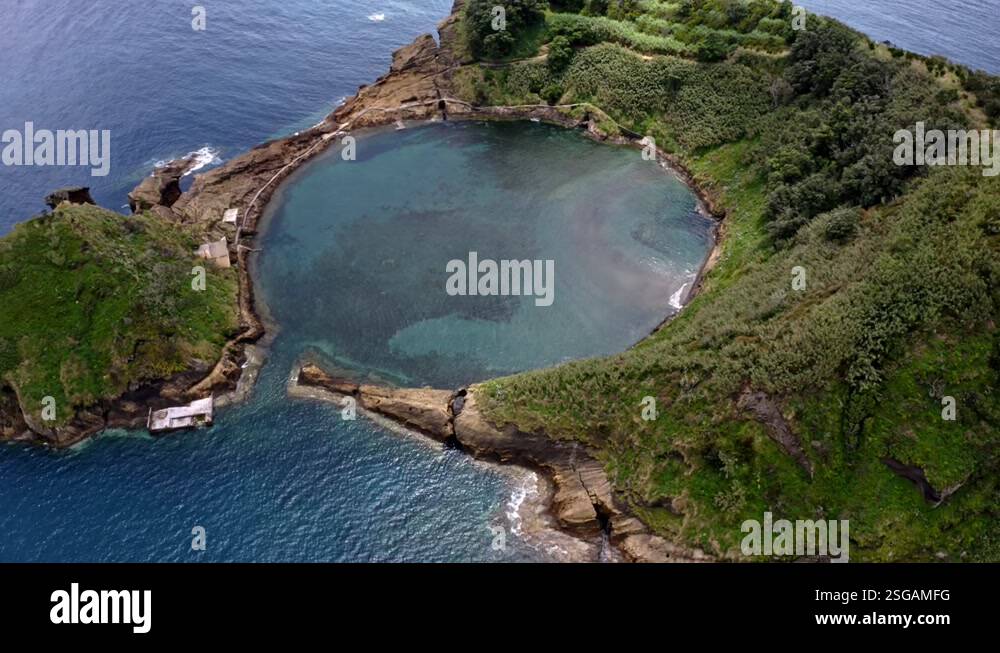 Ilhéu de Vila Franca do Campo circular lagoon crater, Azores, aerial ...
