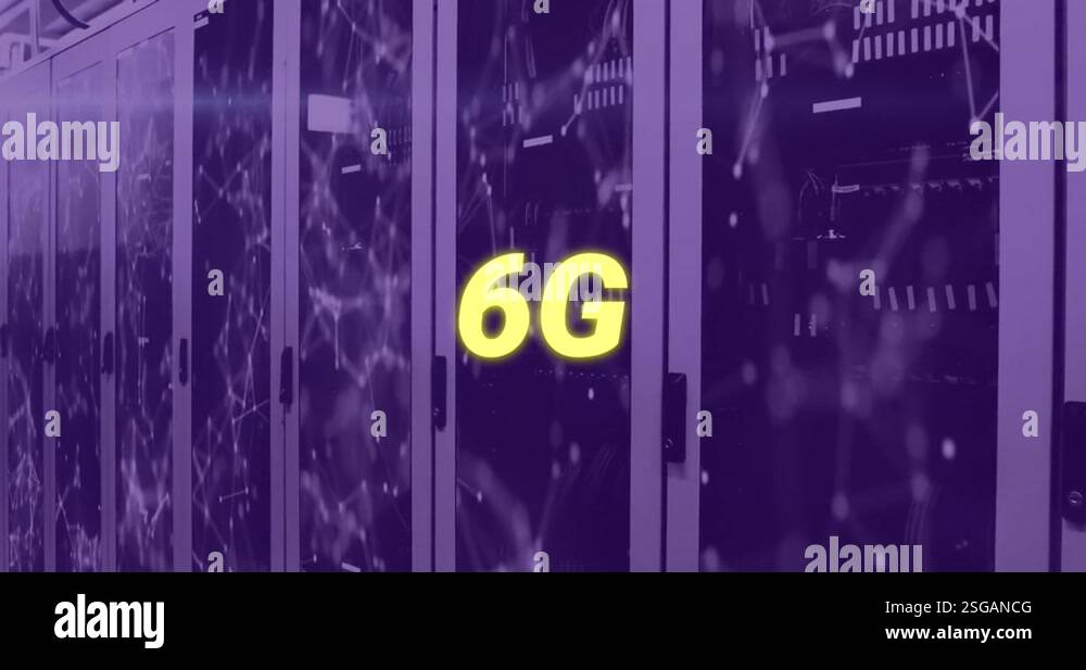 Animation of 6g text with network of connections over server room Stock ...