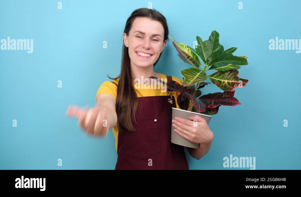 Friendly woman florist hold plant, welcoming gesture come here approach ...