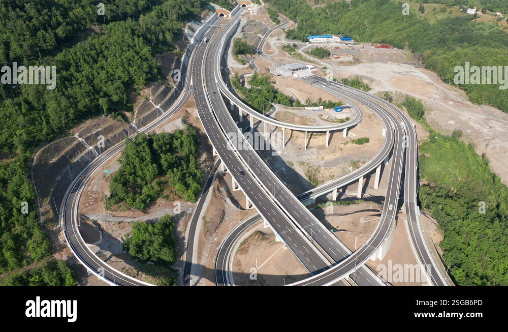 Highway interchange with off ramp on the new freeway in Montenegro ...